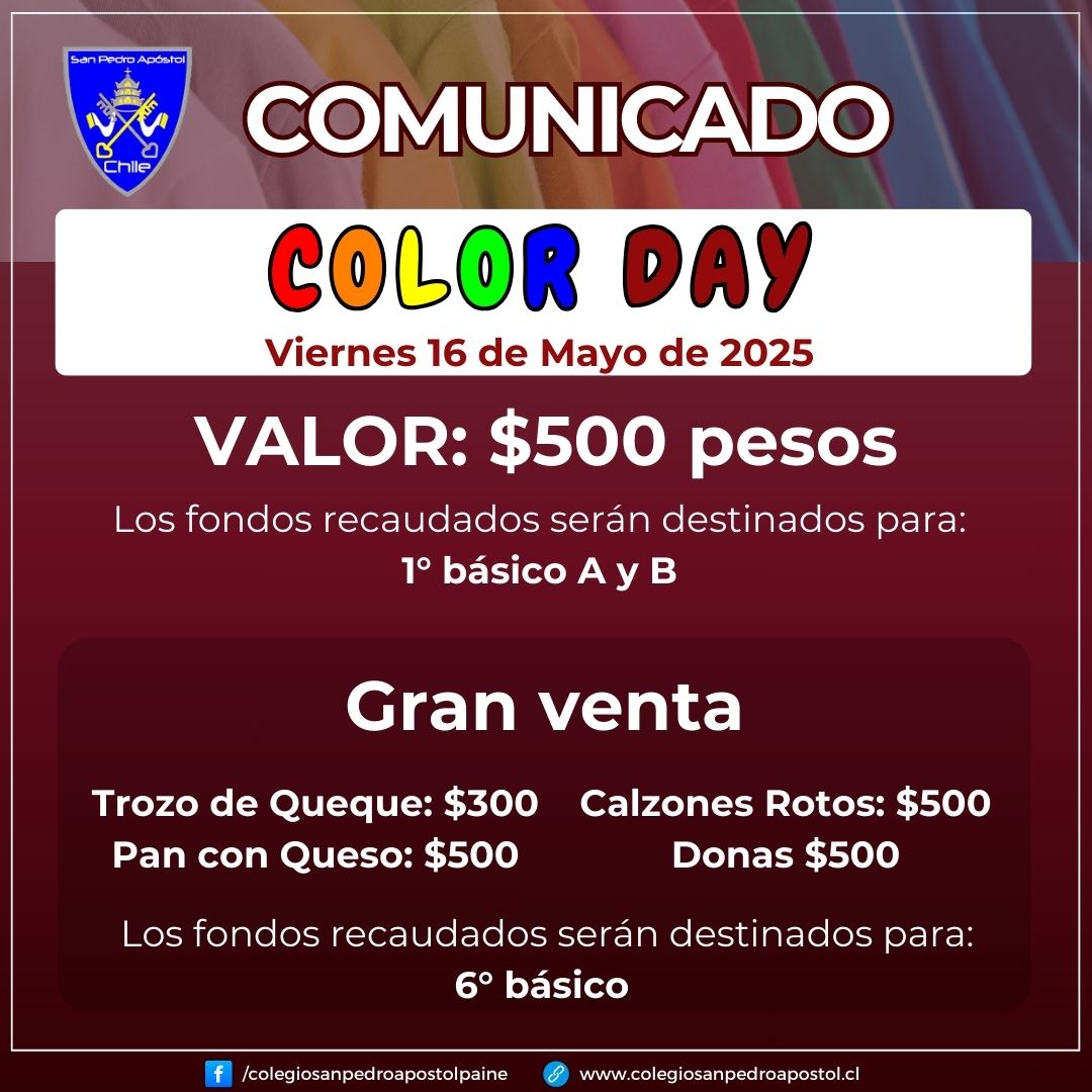 Color day Viernes 16 de Mayo y Gran venta de alimentos | Colegio San Pedro Apóstol